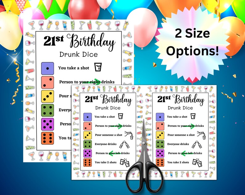 Printable 21st Birthday Drunk Dice Game, 21st Drinking Games, Birthday ...
