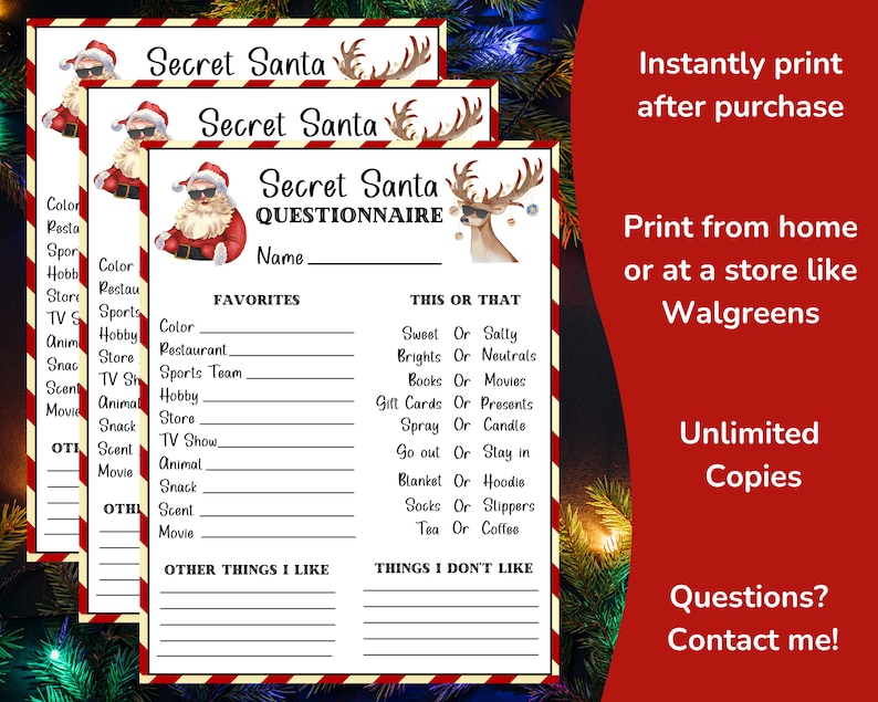 Secret Santa Questionnaire, Secret Santa Survey, Gift Exchange for Work ...