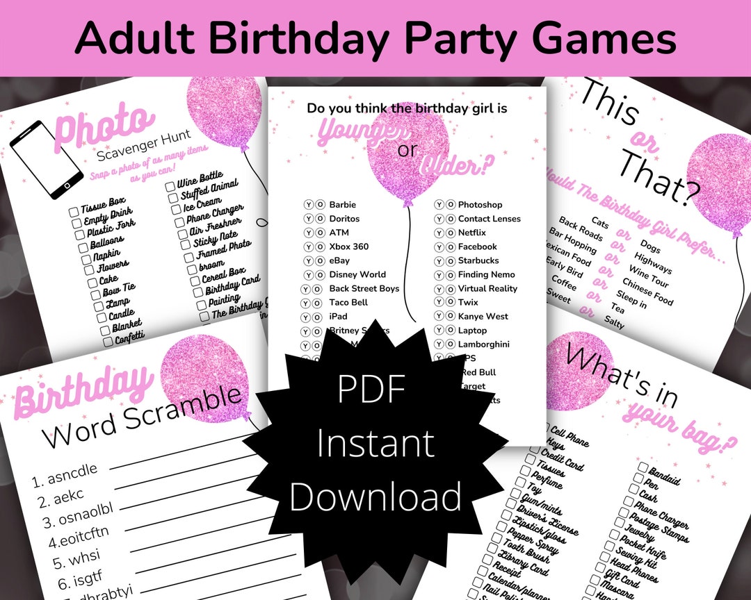 Pink Birthday Games for Her, Printable Birthday Game Bundle, Birthday ...