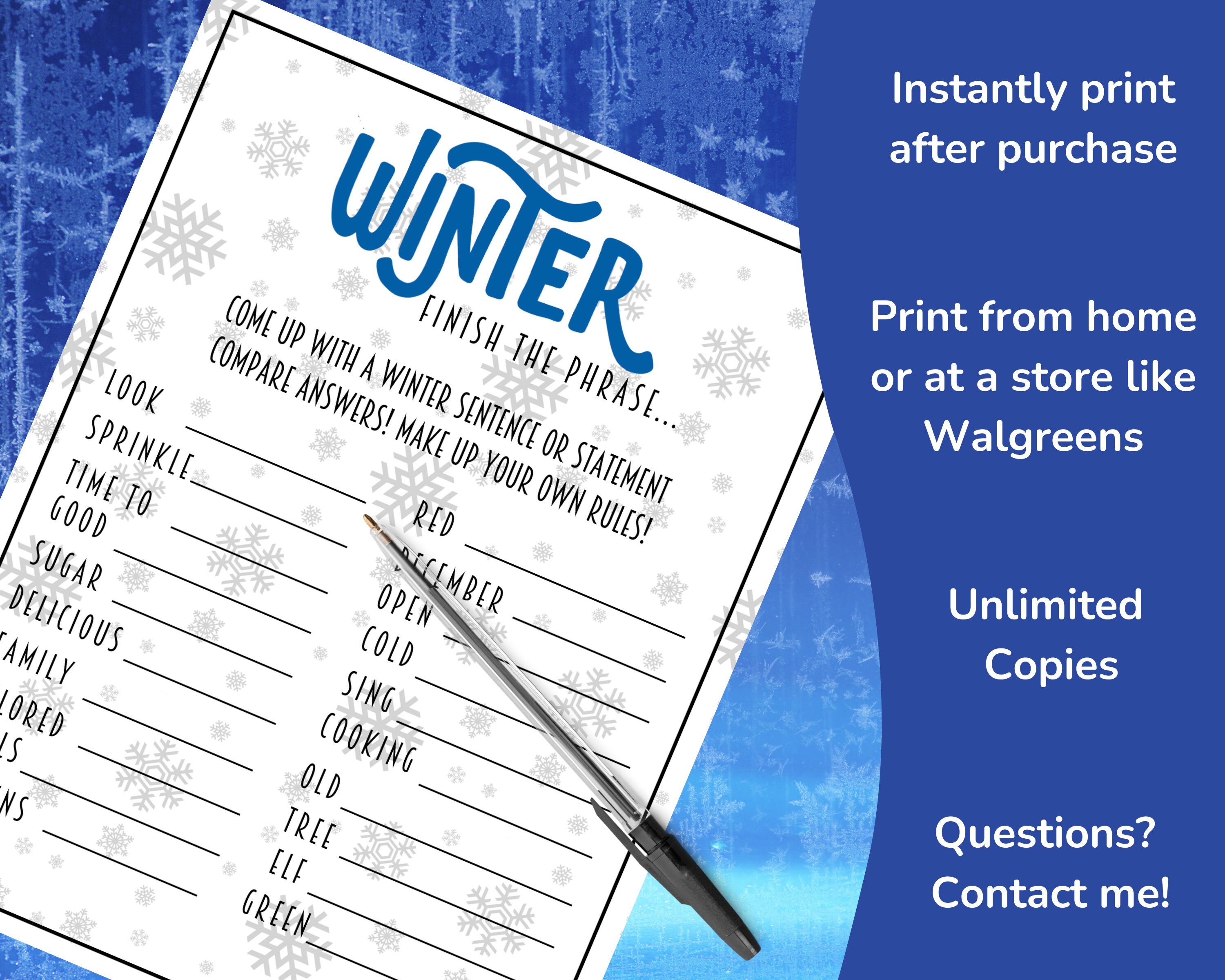 Printable Winter Finish the Phrase Game for Kids and Adults, Winter ...
