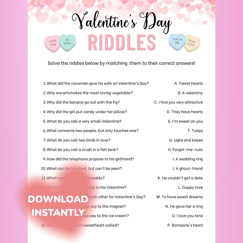 Riddles for Valentine's Day Instant Download, Printable Valentine ...