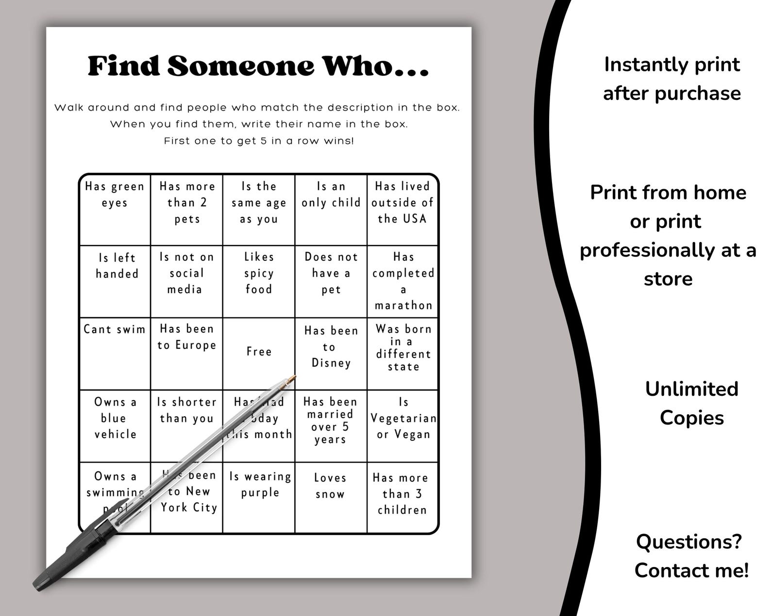 Find Someone Who Bingo Game, Printable Group Game, Party Game, Office ...