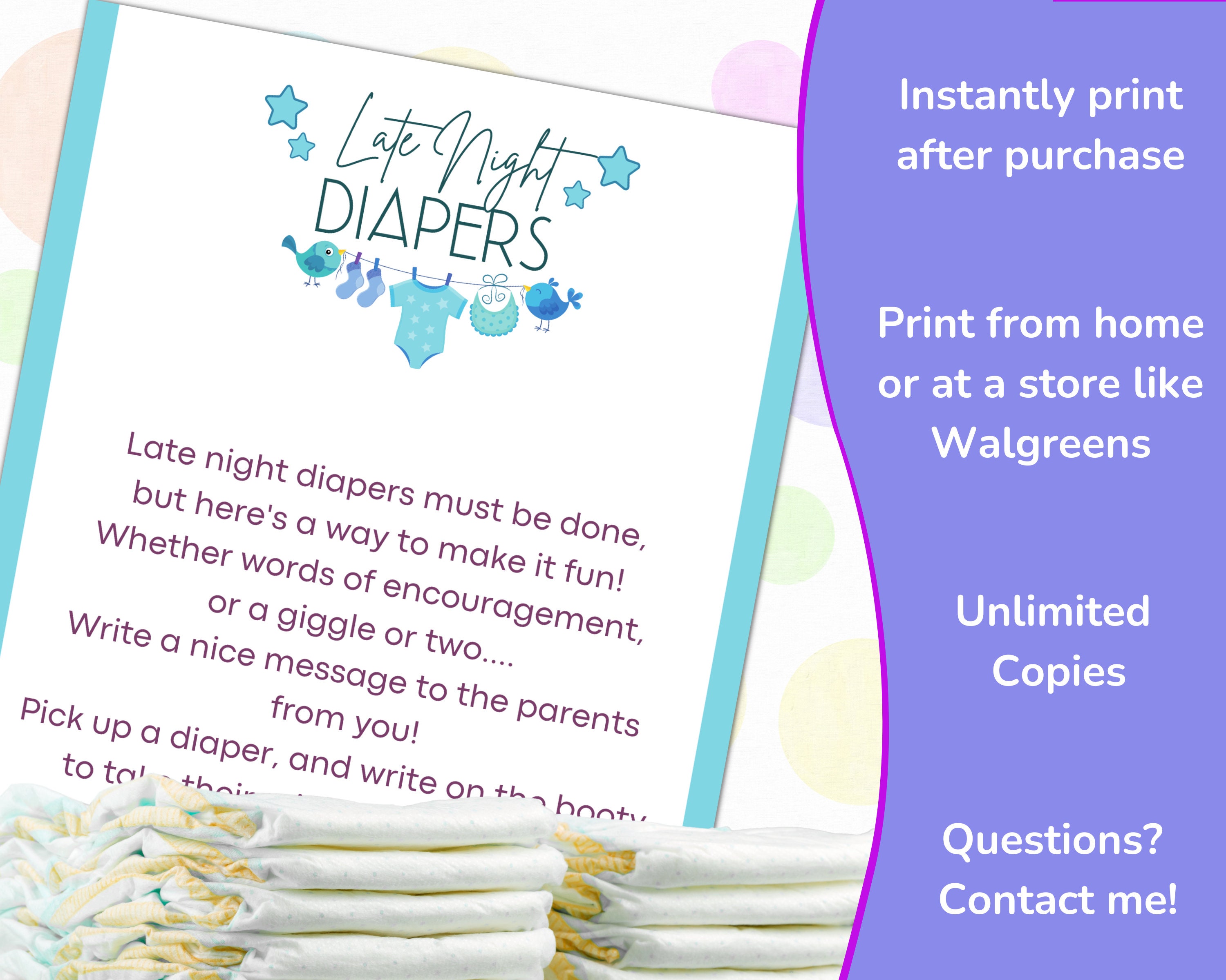 Boy Baby Shower Printable Late Night Diapers Game, Blue Baby Shower ...