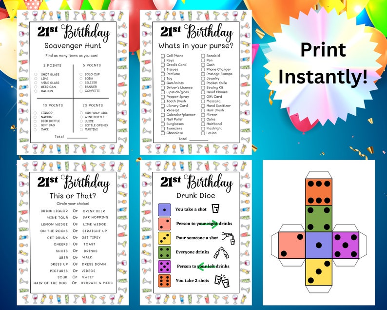 Printable 21st Birthday Game Bundle, Drunk Dice Birthday Game, 21st ...