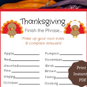 Thanksgiving Game Finish the Phrase Turkey Day Game - Etsy