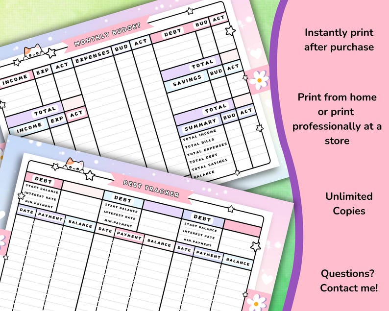 Printable Finance Tracker Bundle, Cute Kitty Debt Tracker & Monthly ...