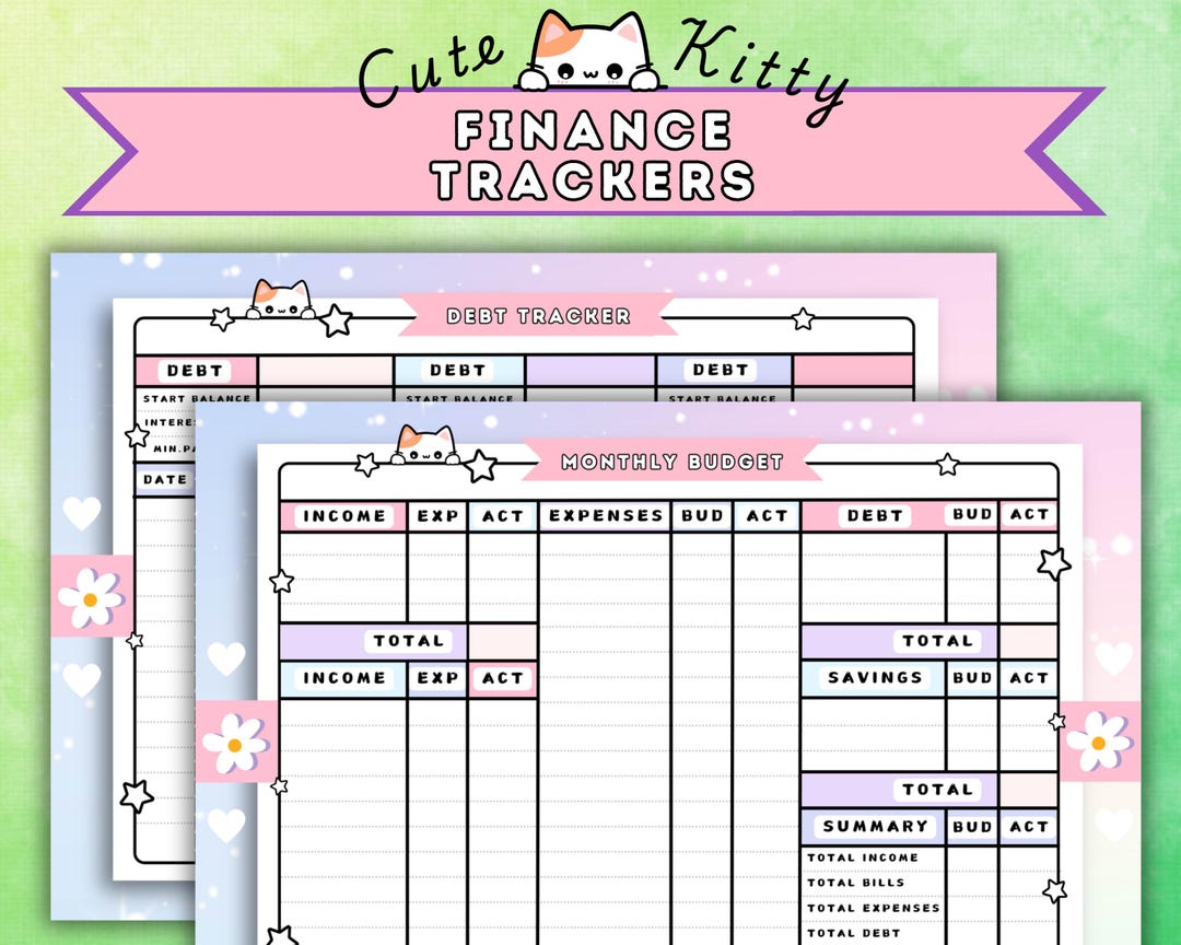 Printable Finance Tracker Bundle, Cute Kitty Debt Tracker & Monthly ...
