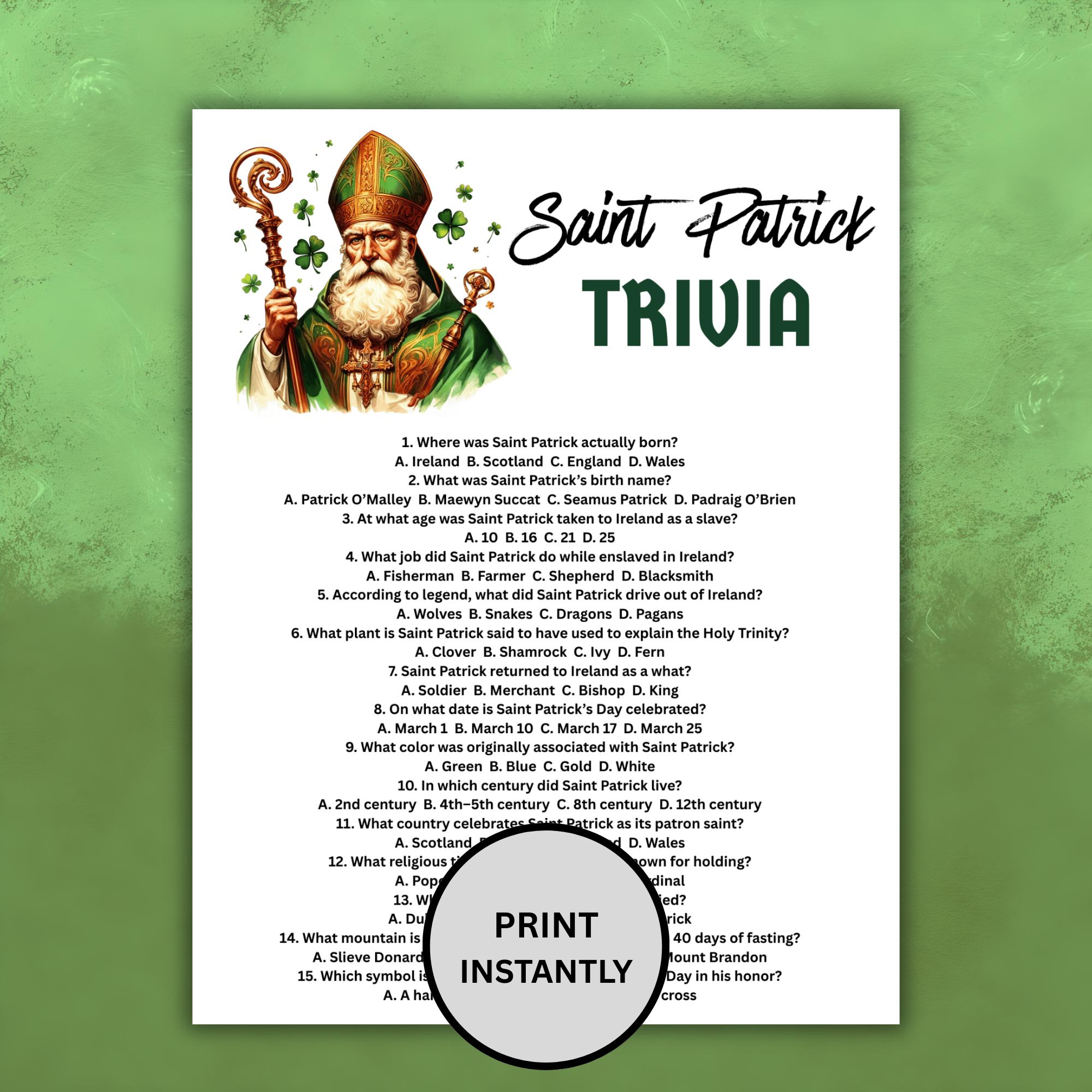 Saint Patrick Trivia Instant Download, Printable St Patrick's Day Quiz ...