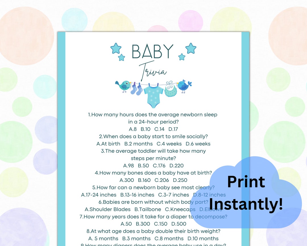 Boy Baby Shower Printable Baby Trivia Game & Answer Key, Blue Baby ...