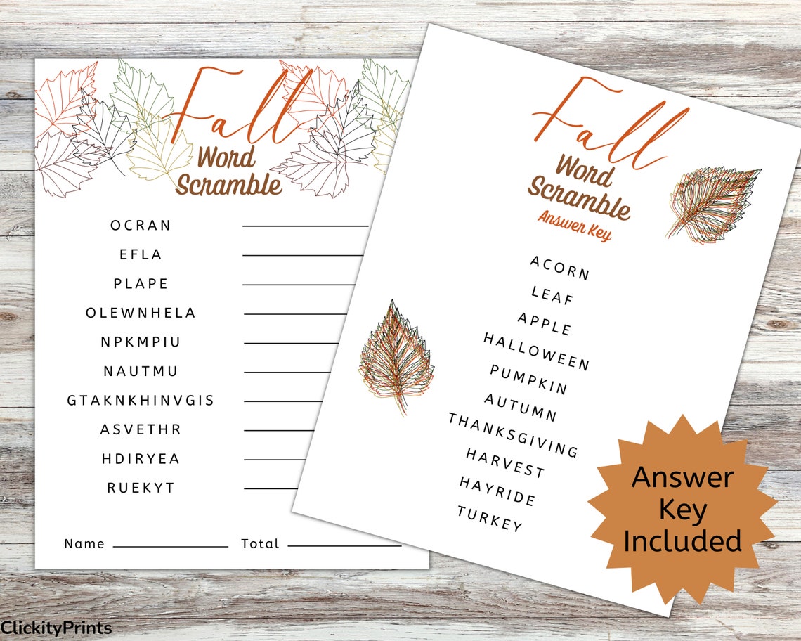 Fall Word Scramble-autumn Word Scramble-festive Word Scramble-fall ...