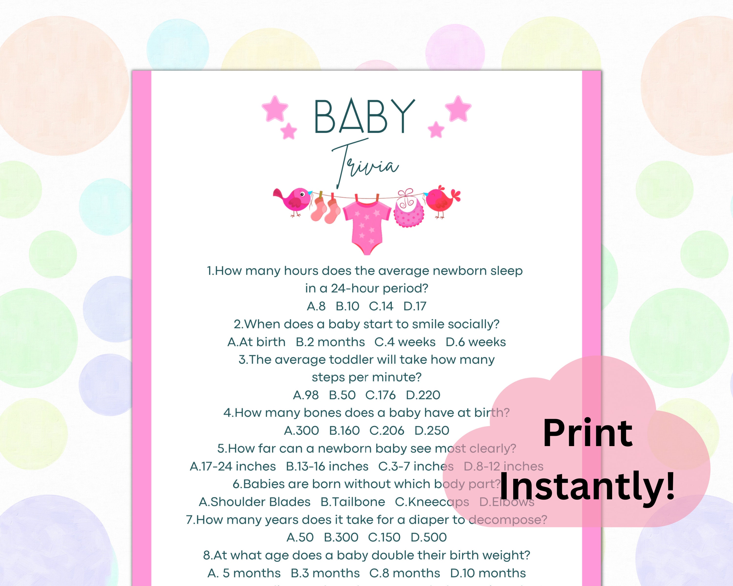 Girl Baby Shower Printable Baby Trivia & Answer Key, Pink Baby Shower ...