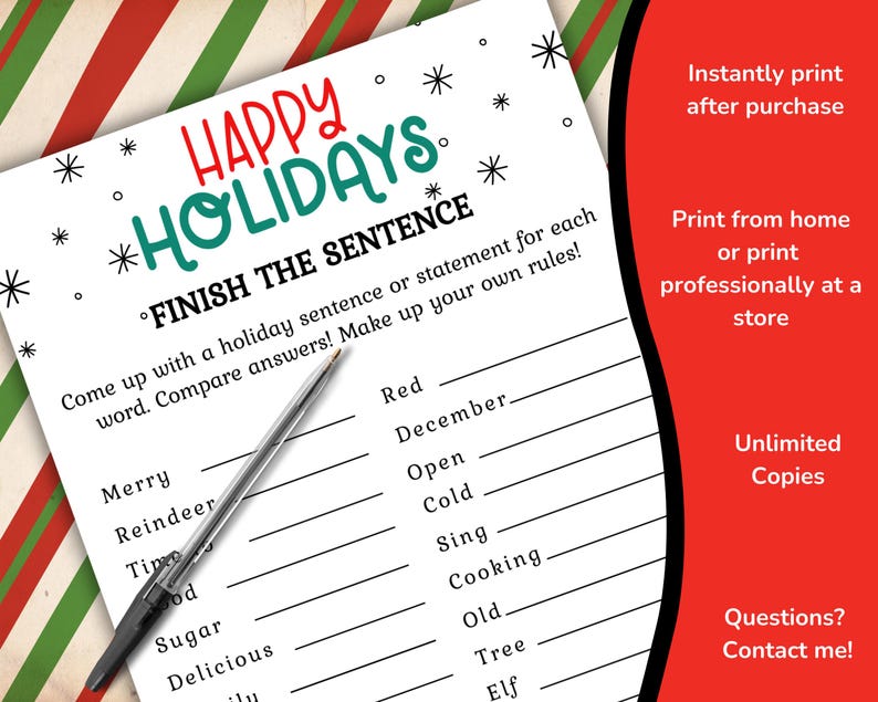 Finish the Sentence Holiday Activity for School or Work, Printable ...