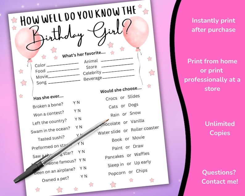How Well Do You Know the Birthday Girl Printable Game, Pink Birthday ...