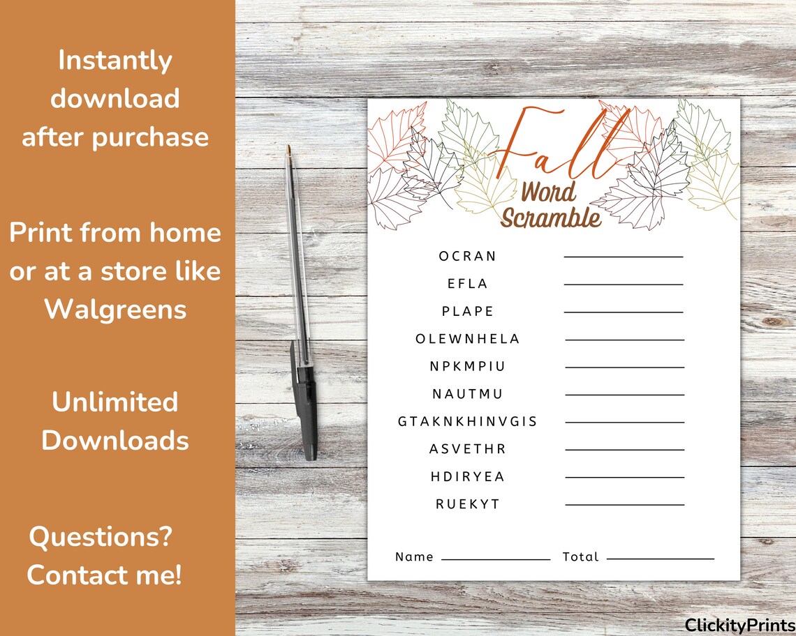 Fall Word Scramble-autumn Word Scramble-festive Word Scramble-fall ...