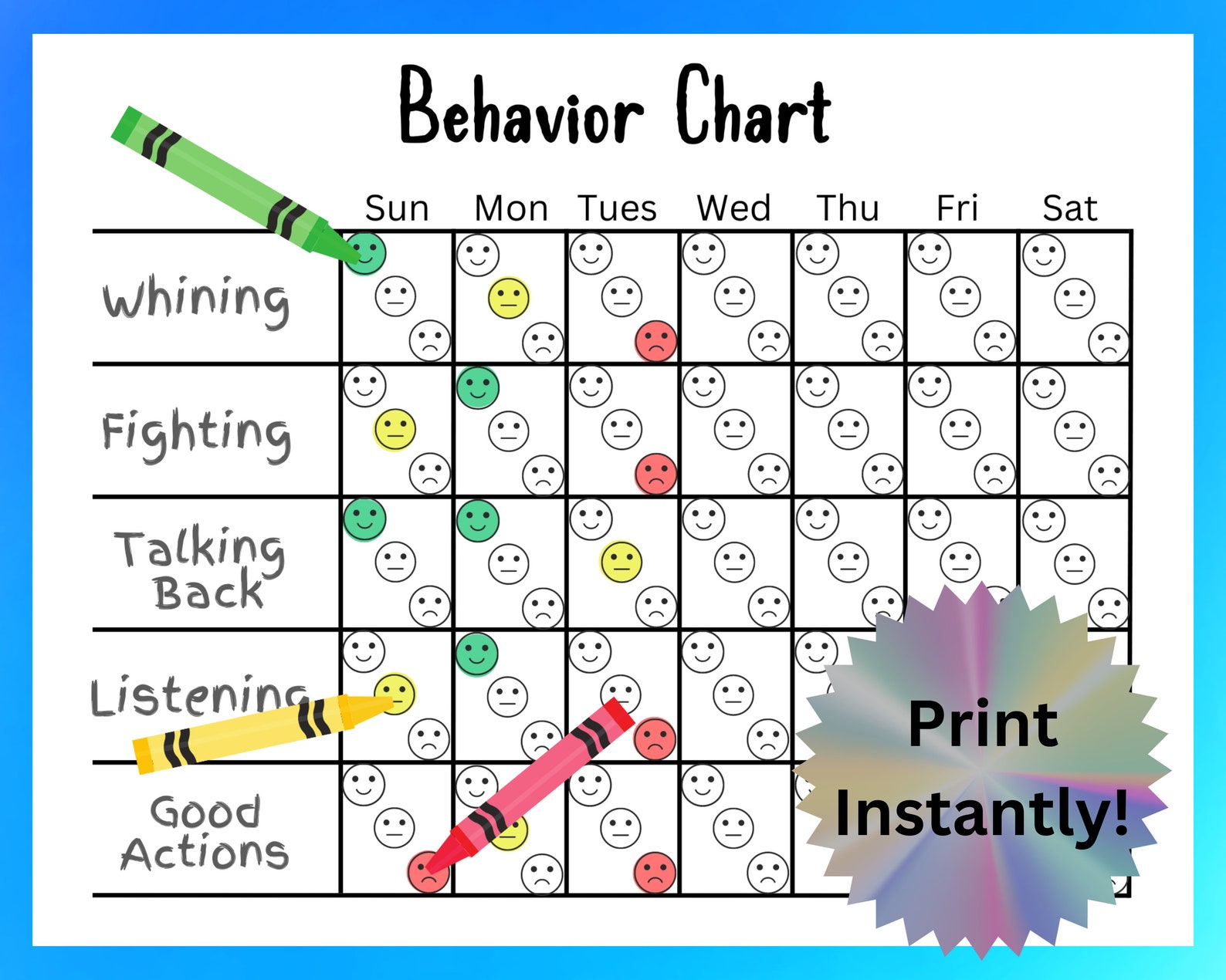 Printable Behavior Chart for Kids, School Behavior Chart, Home Behavior ...
