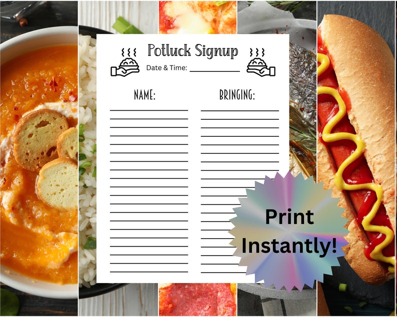 Printable Potluck Signup Sheet, Office Party Potluck, Church Potluck ...
