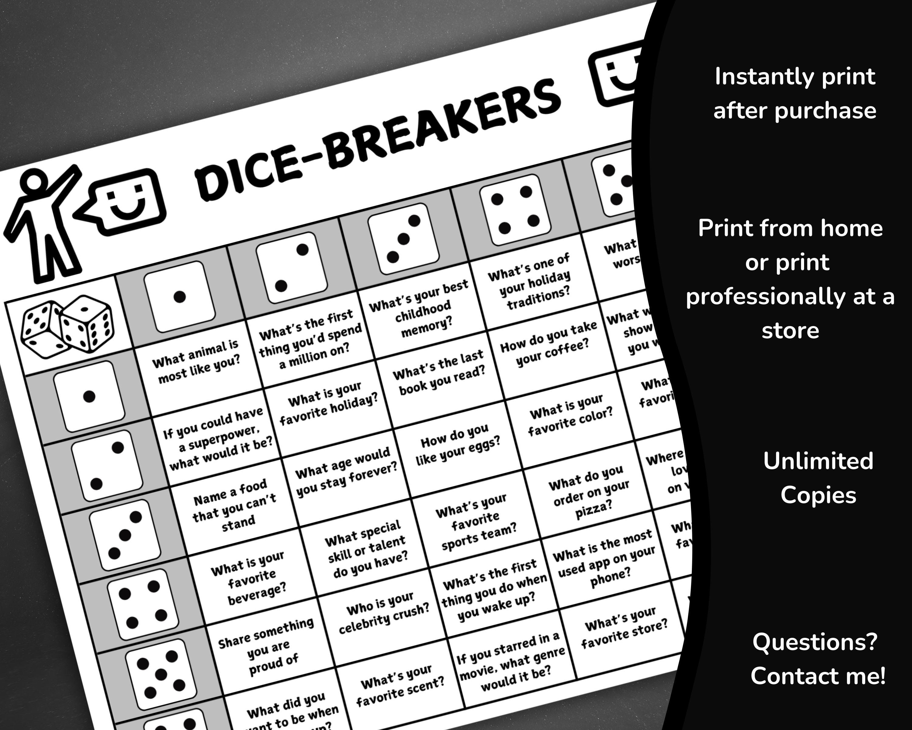 Icebreaker Office Party Game, Printable Conversation Starter Dice Game ...