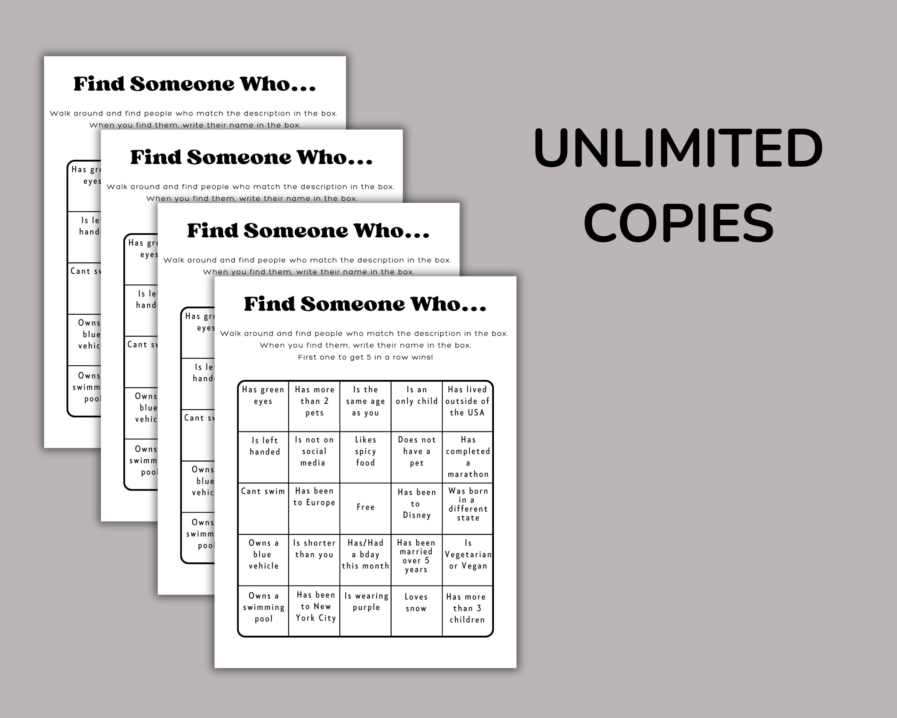Find Someone Who Bingo Game, Printable Group Game, Party Game, Office ...