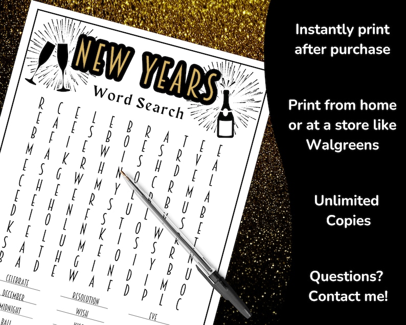 Printable New Years Eve 2023 Word Search for Kids & Adults, New Years ...