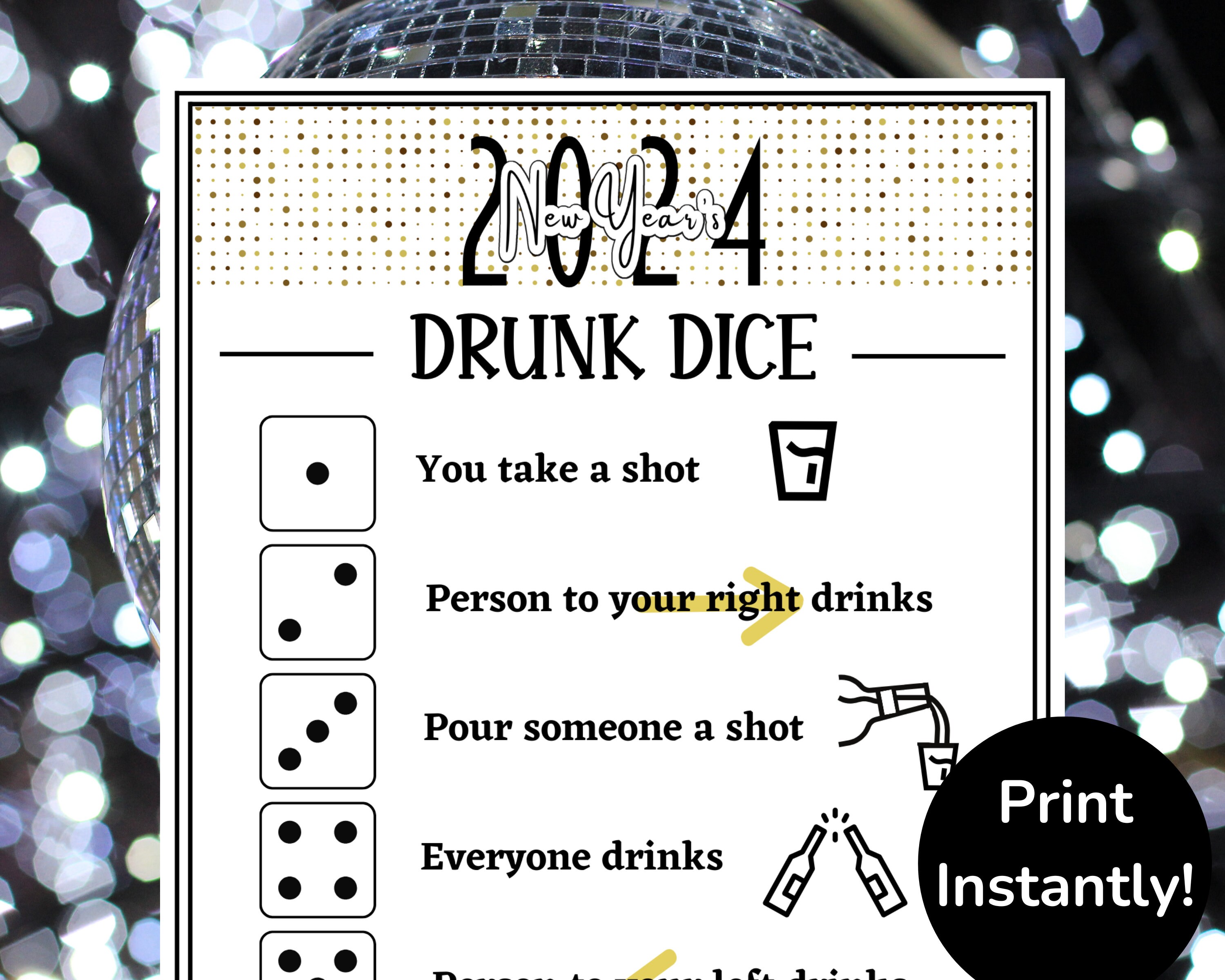 Printable New Years Eve Drunk Dice Party Game, 2024 Adult Drinking Game ...