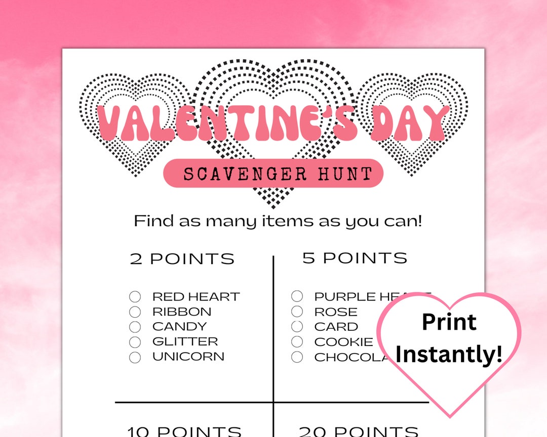 Printable Valentine's Day Scavenger Hunt for Kids & Adults, Valentine's ...