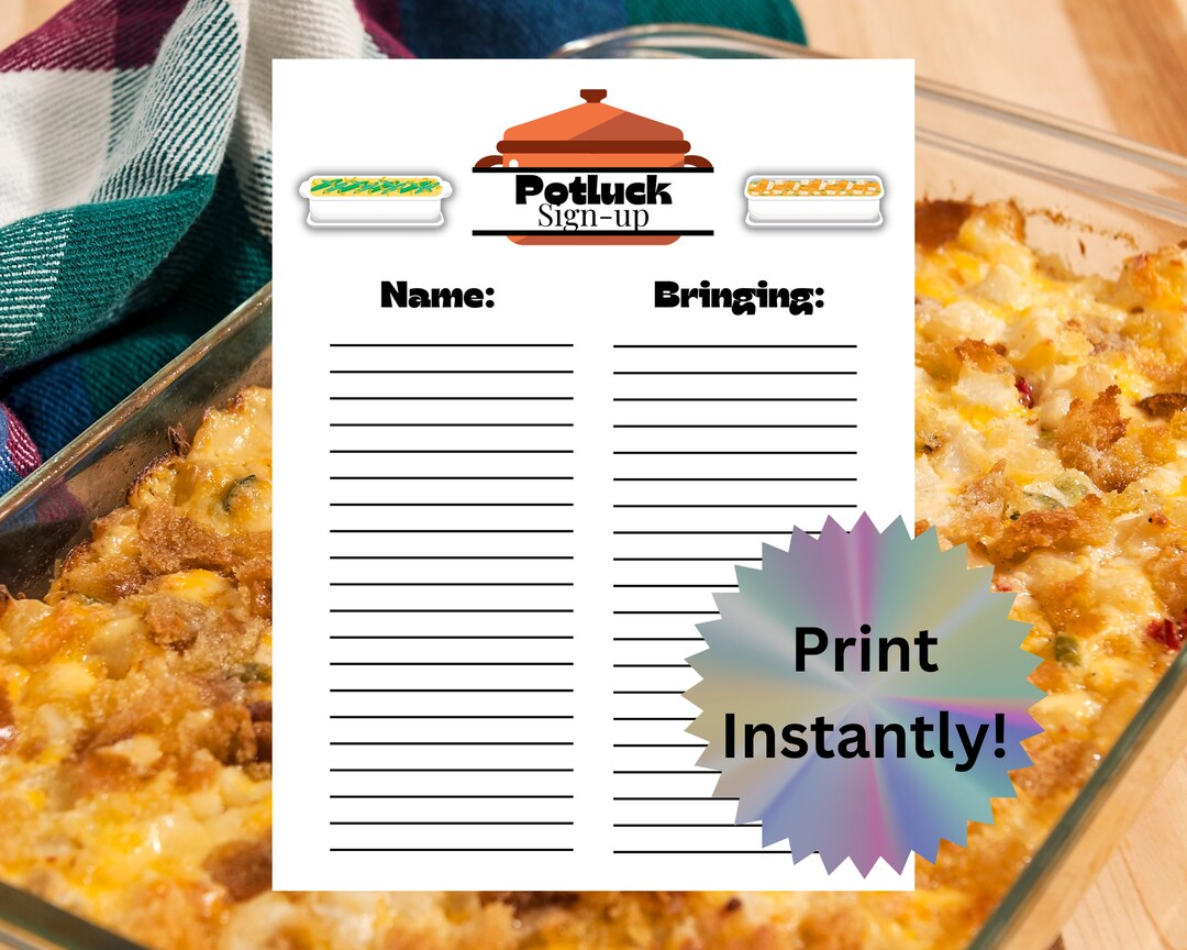 Printable Potluck Signup Sheet, Office Party Potluck, Church Potluck ...