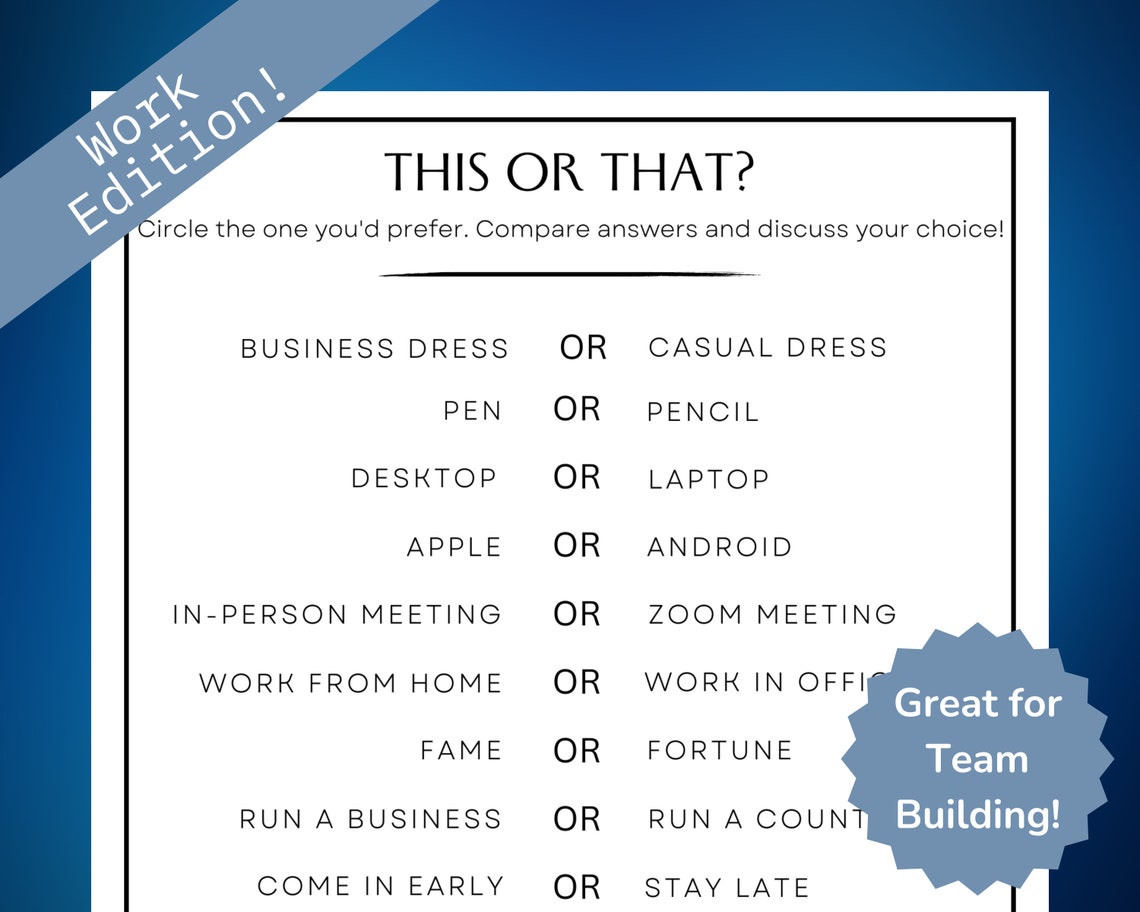 Work Party Games, This or That Game, Office Party Games, Printable ...