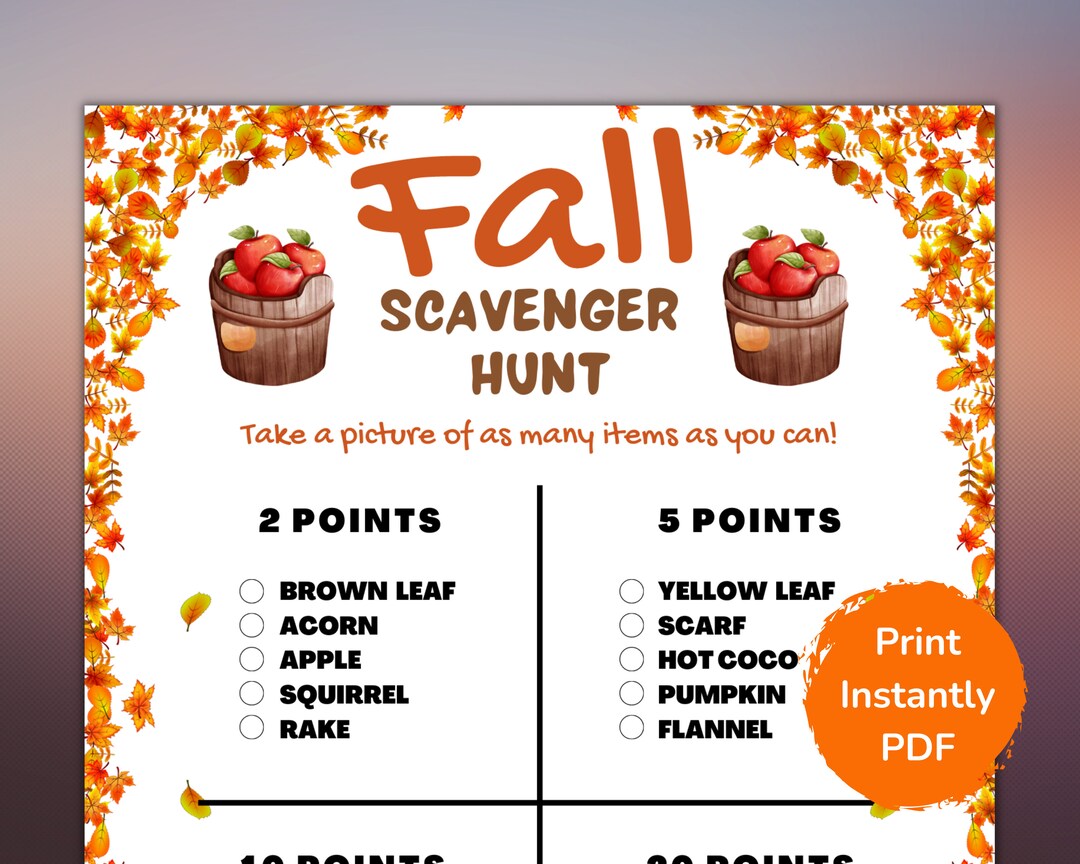 Printable Fall Scavenger Hunt Game, Autumn Activity for Kids, Instant ...
