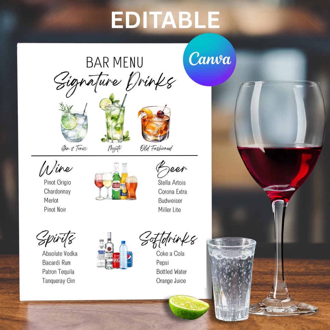 Editable Bar Menu Template, Canva Editable Menu Template, Drink Menu ...