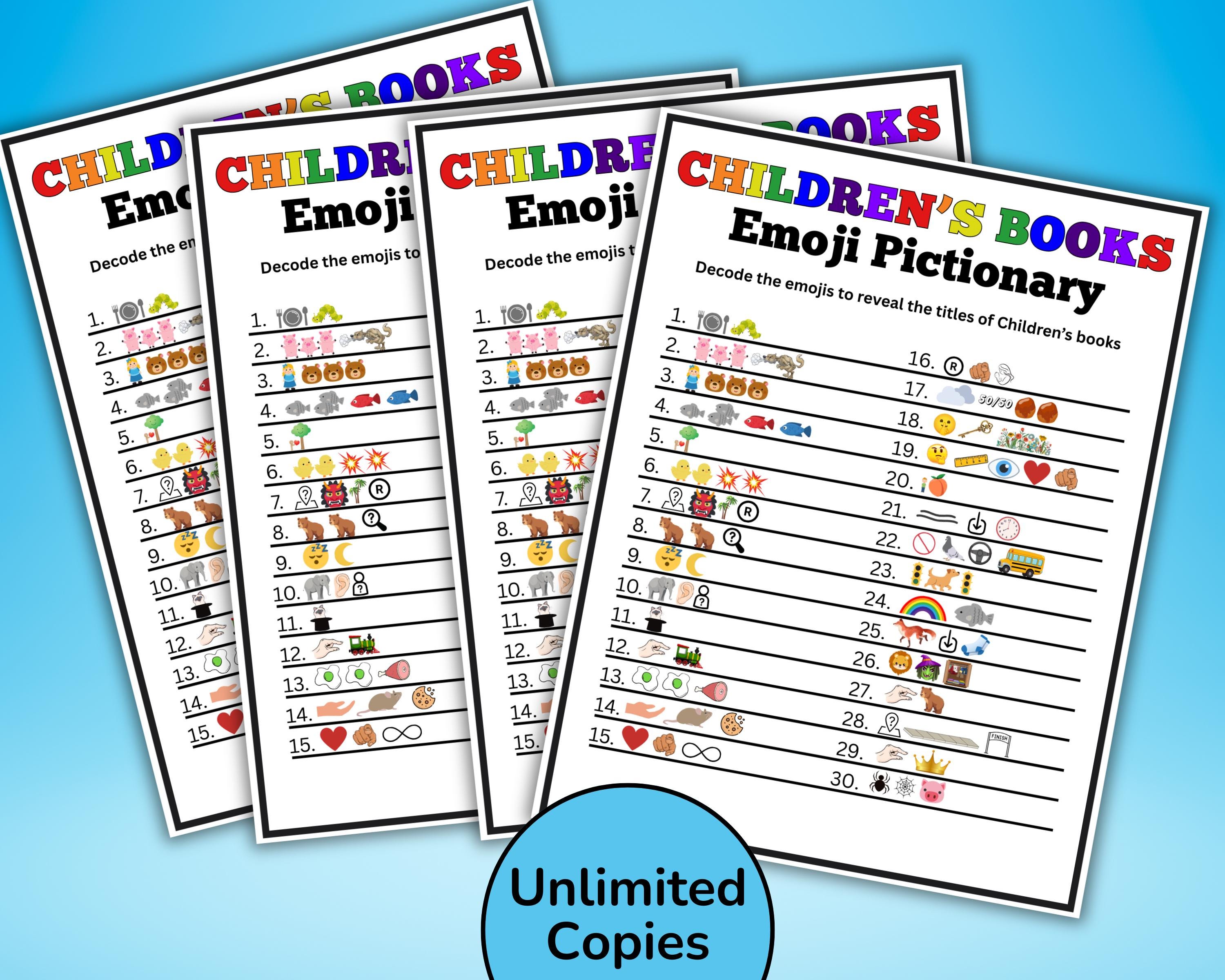 Children's Books Emoji Pictionary Game, Printable Kids Book Guessing ...