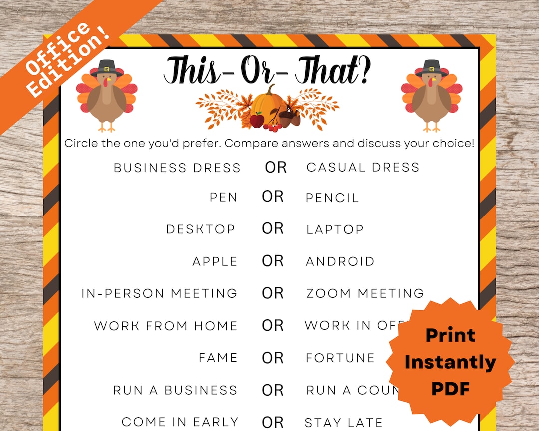 Work Edition Thanksgiving This or That Game, Office Party Game ...