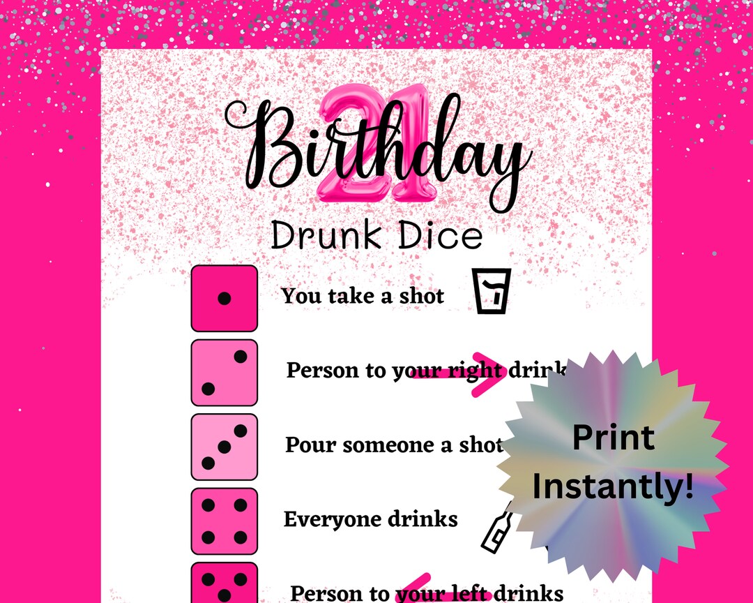 Printable 21st Birthday Drunk Dice Game, 21st Drinking Games, Birthday ...