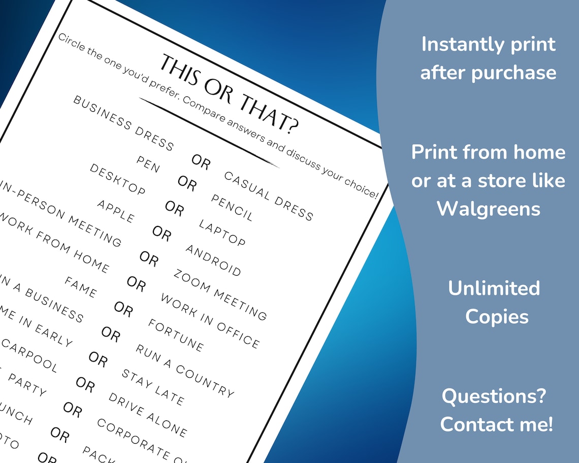 Work Party Games, This or That Game, Office Party Games, Printable ...