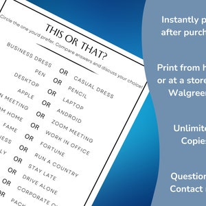 Work Party Games, This or That Game, Office Party Games, Printable ...