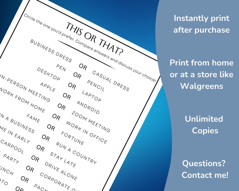 Work Party Games, This or That Game, Office Party Games, Printable ...