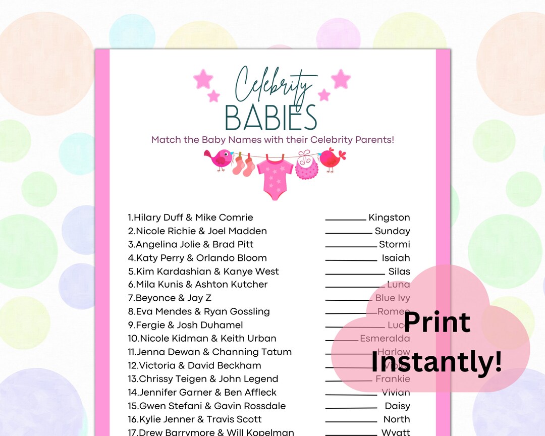 Girl Baby Shower Printable Celebrity Babies & Answer Key, Pink Baby ...