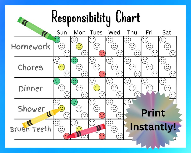 Printable Responsibility Chart for Kids, Home Chore Chart, Daily Task ...