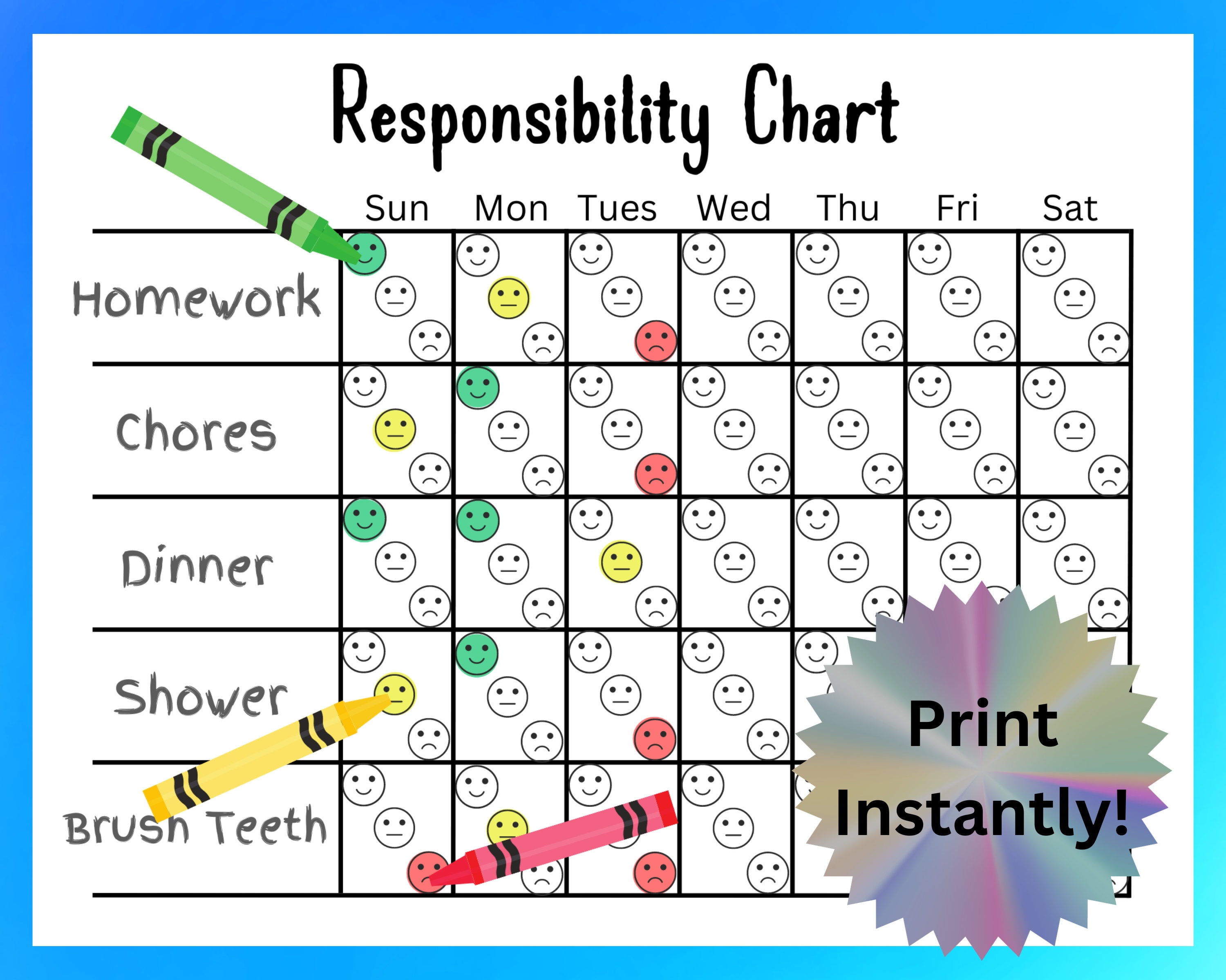 Printable Responsibility Chart for Kids, Home Chore Chart, Daily Task ...