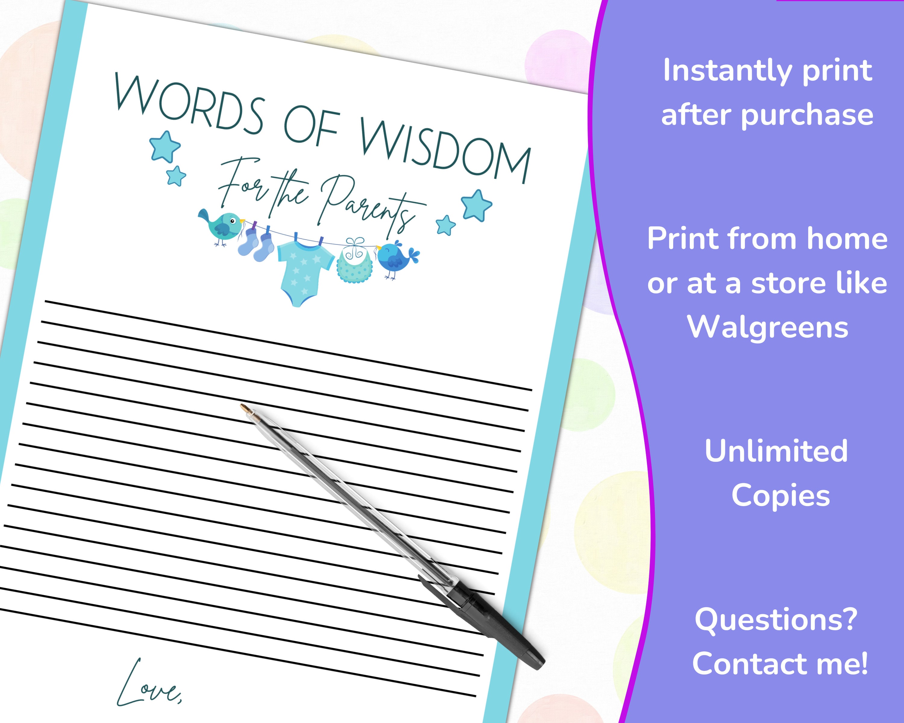 Boy Baby Shower Printable Words of Wisdom Letter Blue Baby - Etsy