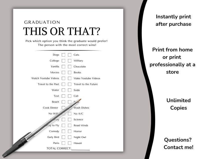This or That Graduation Game, Printable Grad Party Game, Icebreaker ...