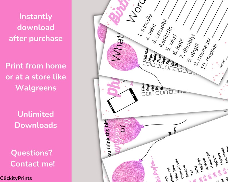 Pink Birthday Games for Her, Printable Birthday Game Bundle, Birthday ...