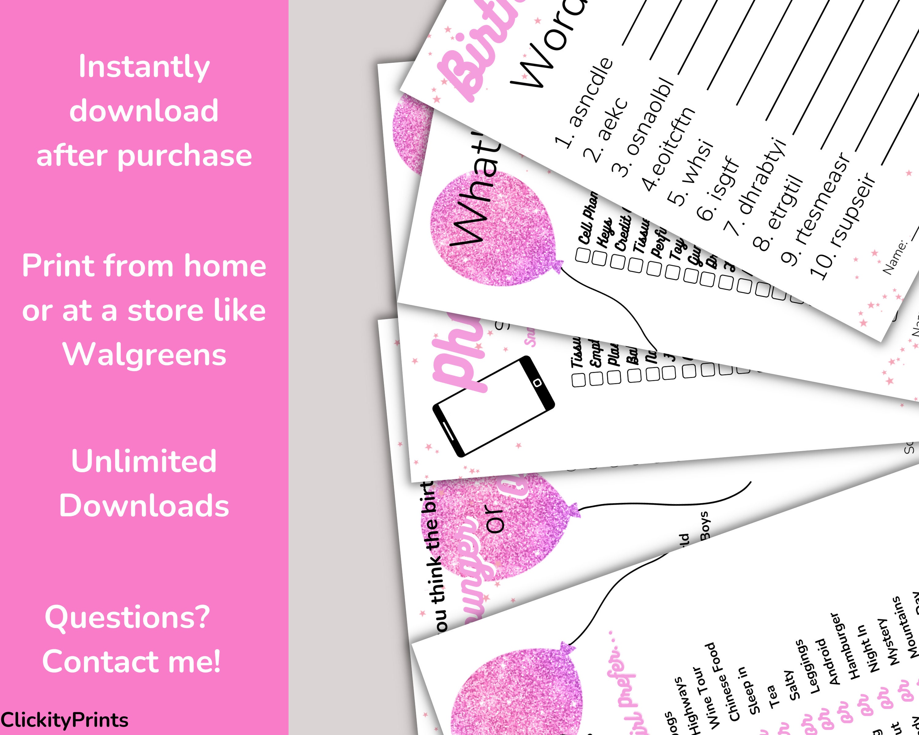 Pink Birthday Games for Her, Printable Birthday Game Bundle, Birthday ...