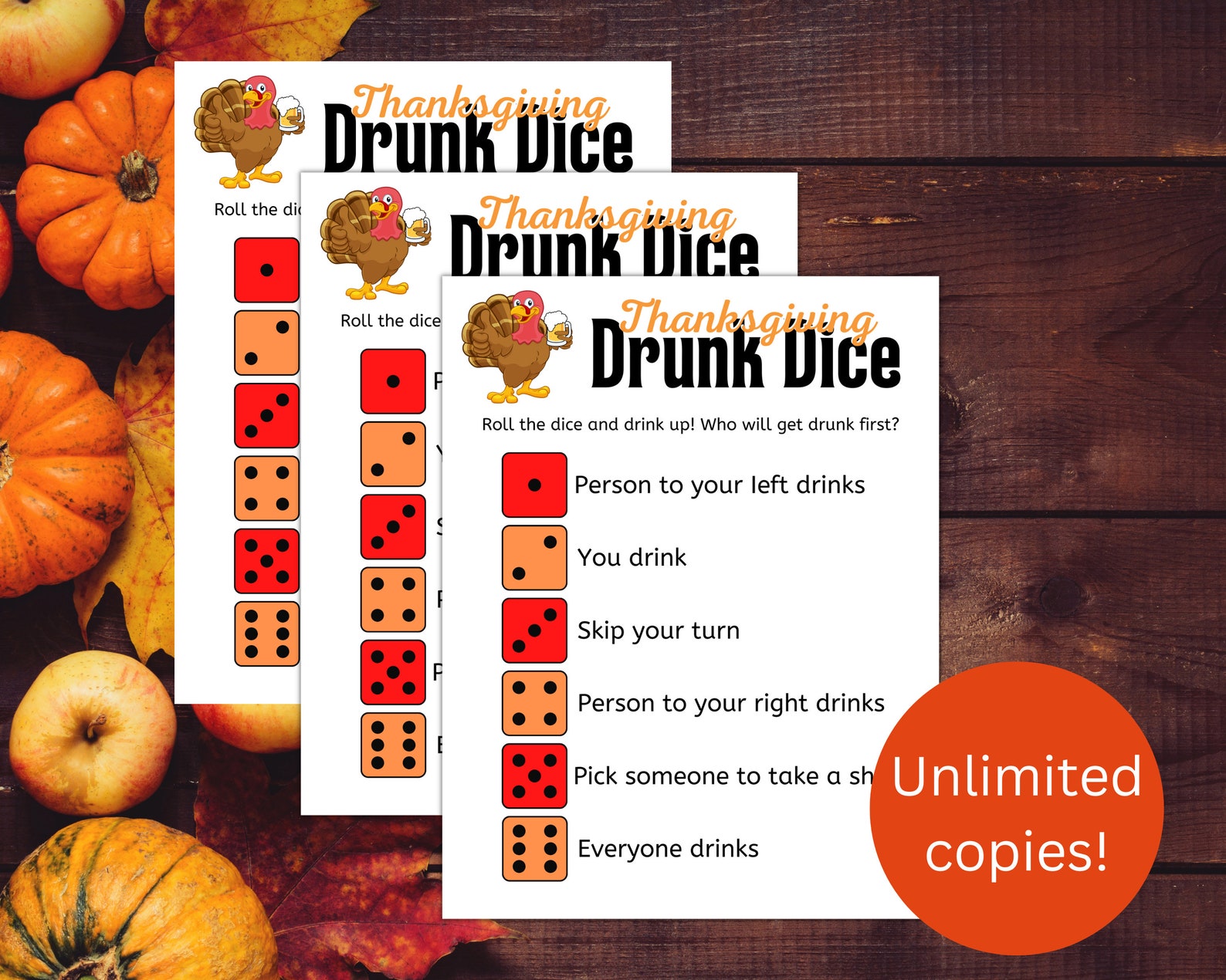 Thanksgiving Turkey Drunk Dice Printable Drinking Game Instant Download ...