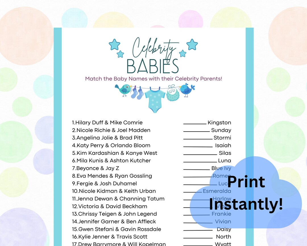 Boy Baby Shower Printable Celebrity Babies Game & Answer Key, Blue Baby ...