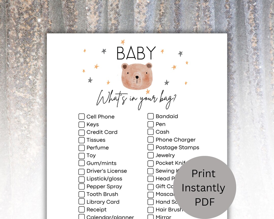 Teddy Bear Baby Shower Printable What's in Your Bag Purse Game, Bear ...