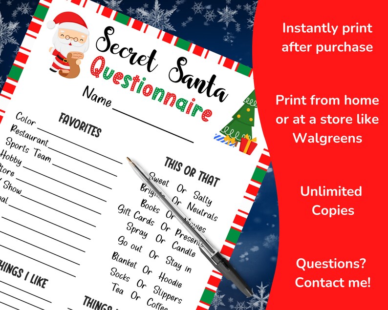 Secret Santa Survey Questionnaire for Kids Adults and Coworkers ...