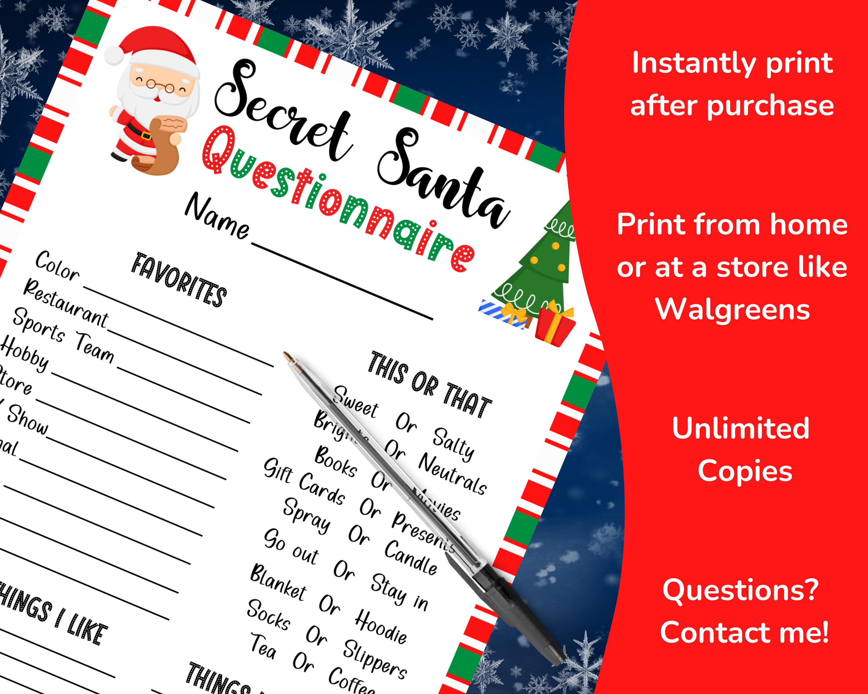 Secret Santa Survey Questionnaire for Kids Adults and Coworkers ...