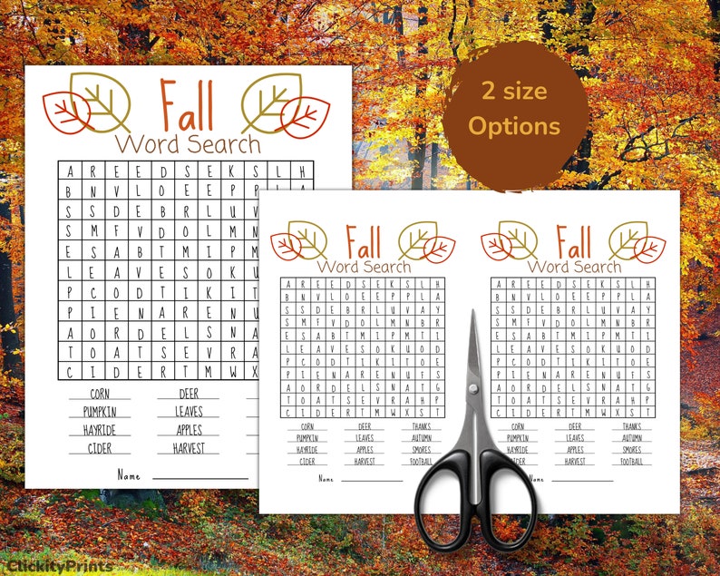 Fall Word Search-autumn Word Search-back to School Word Search-festive ...