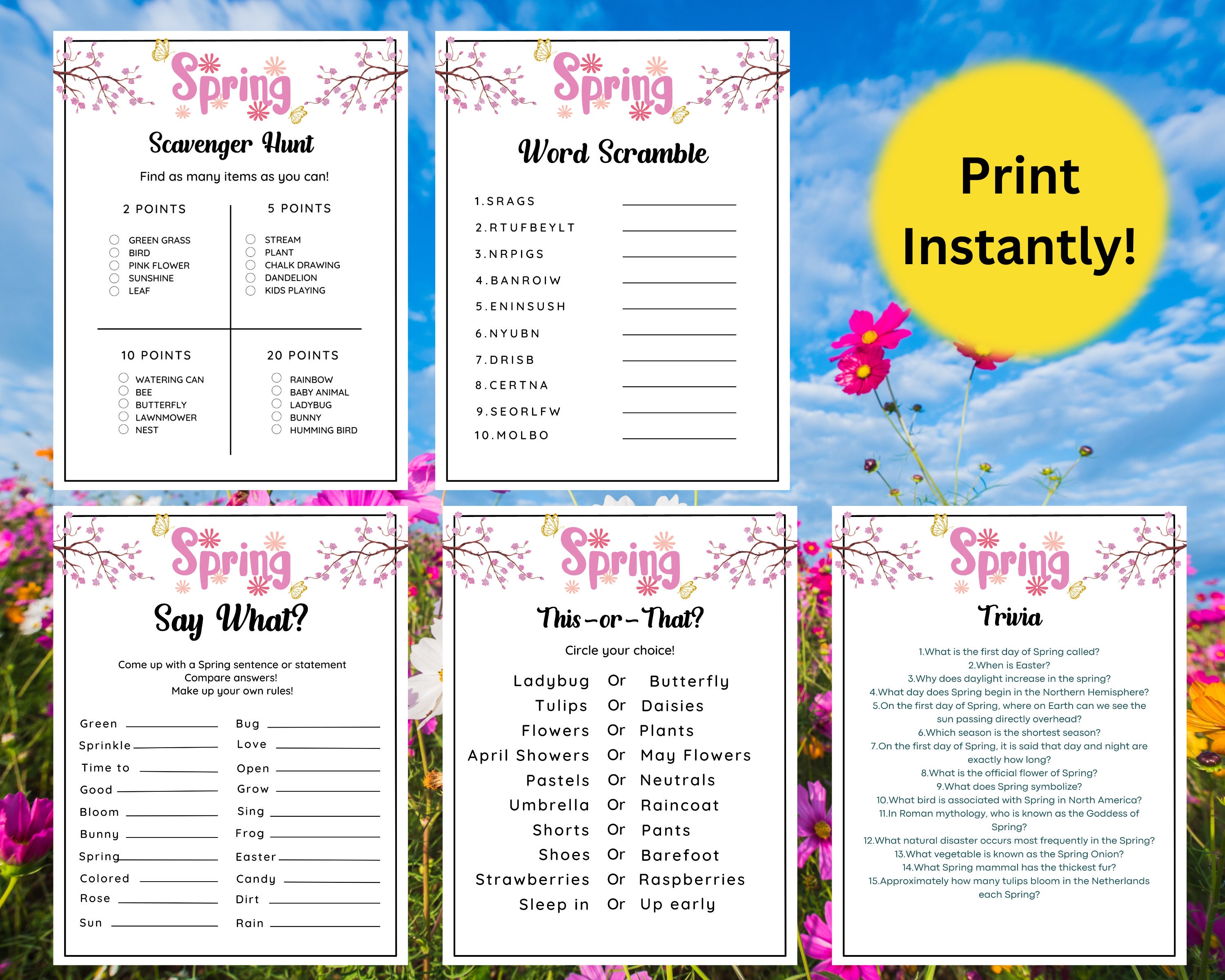 Printable Spring Game Bundle for Kids & Adults, Classroom Spring ...