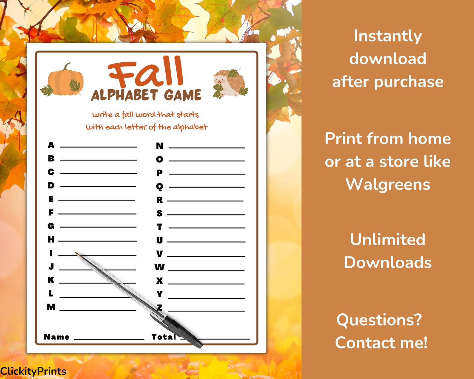 Fall Alphabet Game-autumn Alphabet Game-family Fall Activity-fall ...